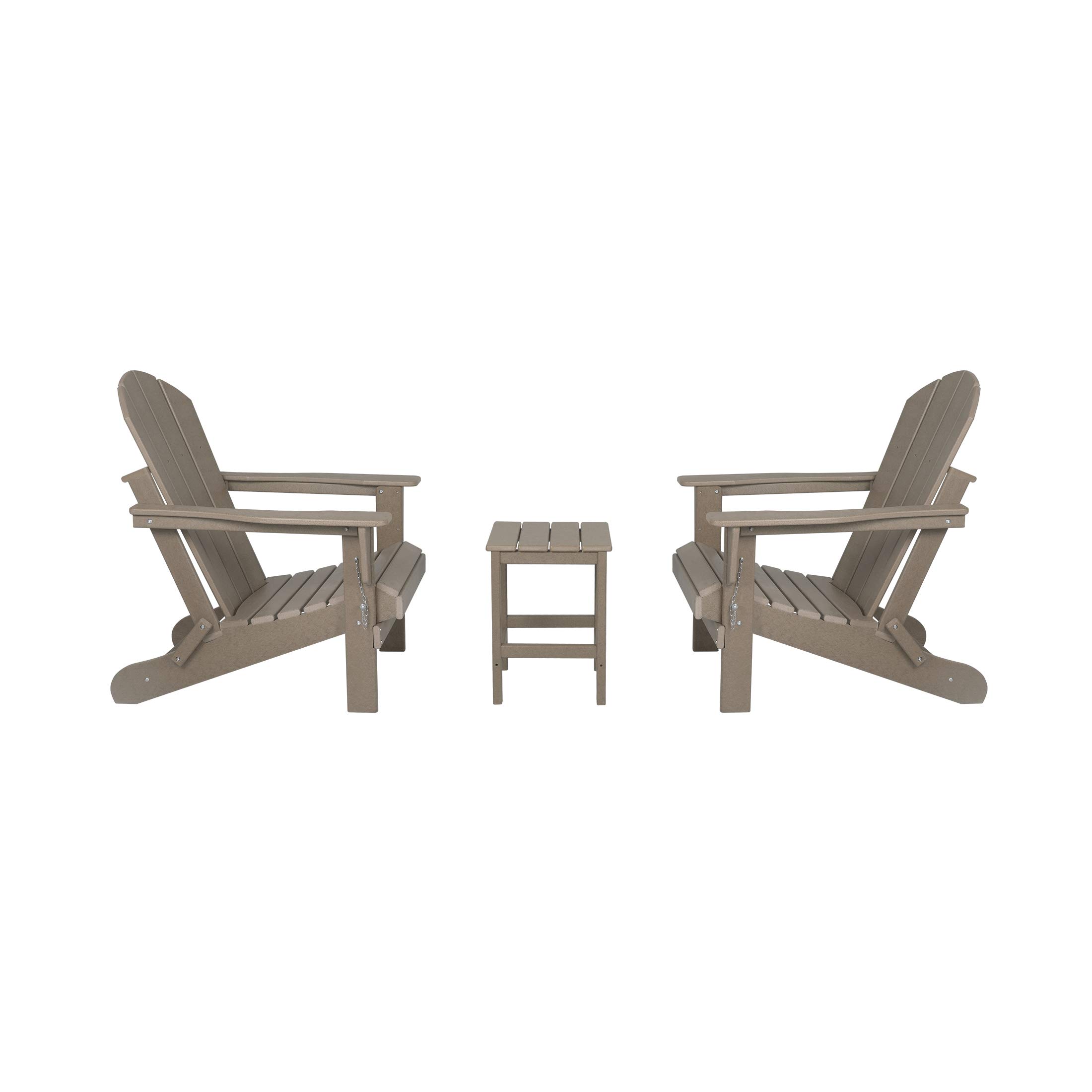 WestinTrends Malibu 3-Pieces Adirondack Chairs Set with Side Table, All Weather Outdoor Seating Plastic Patio Lawn Chair Folding for Outside Porch Deck Backyard, Weathered Wood