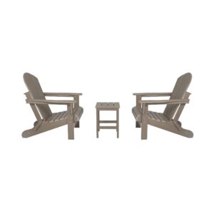 WestinTrends Malibu 3-Pieces Adirondack Chairs Set with Side Table, All Weather Outdoor Seating Plastic Patio Lawn Chair Folding for Outside Porch Deck Backyard, Weathered Wood