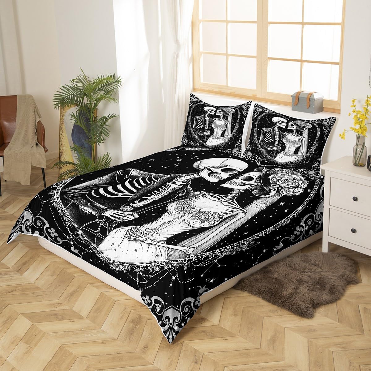 Manfei Floral Skull Duvet Cover Set Human Skeleton Couple Print Bedding Set 3pcs for Lover and Adults Gothic Comforter Cover Microfiber Bedspread Cover with 2 Pillow Cases(No Comforter) King Size