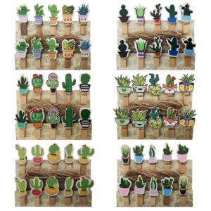 saktopdeco 60 counts mini cactus wooden clothespins with jute twine small floral decorative wood peg pin craft clips for pictures memo card photo