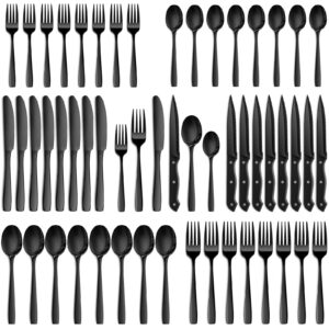 48 pieces black silverware set, black flatware set with steak knives, food-grade stainless steel cutlery set for 8, tableware eating utensils, dishwasher safe