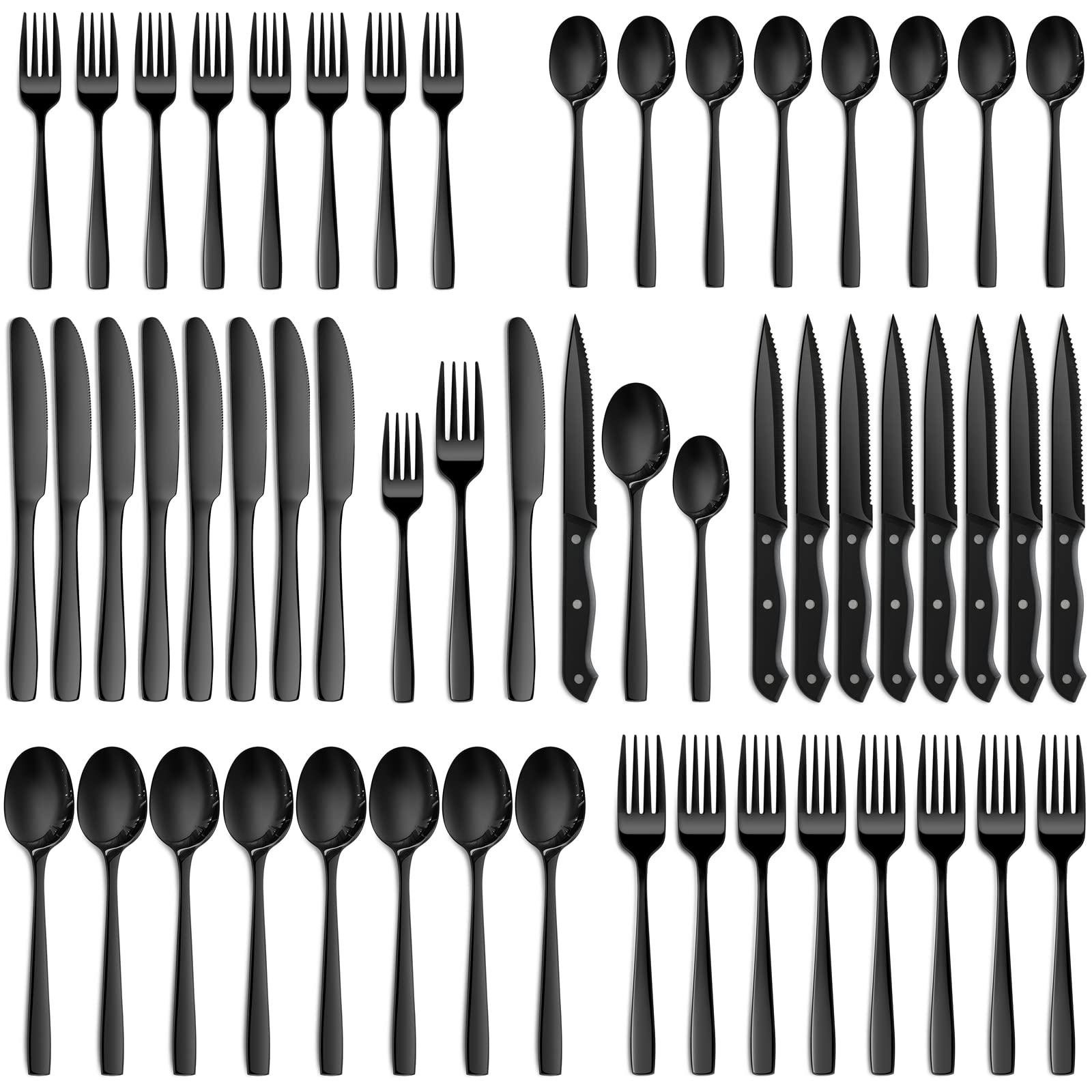 48 Pieces Black Silverware Set, Black Flatware Set with Steak Knives, Food-Grade Stainless Steel Cutlery Set for 8, Tableware Eating Utensils, Dishwasher Safe