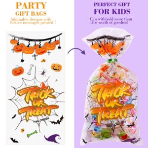 Halloween Candy Bags Treats Bags, 200 PCS Halloween Cellophane Bags for Kids Treat or Trick Party Supplies, 8 Styles Halloween Goodies Bags Gift Bags with Tattoo Stickers for Halloween Party Favors