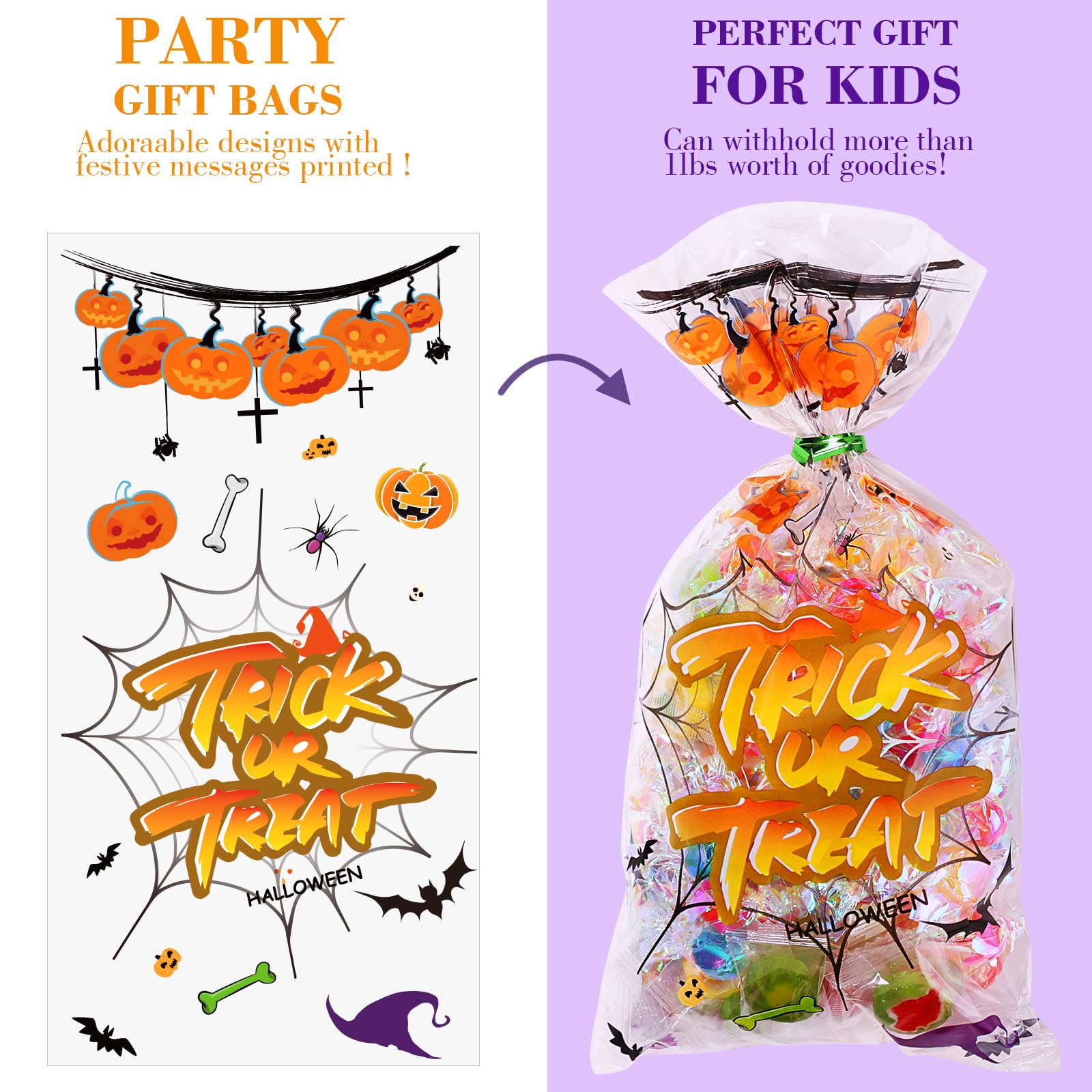 Halloween Candy Bags Treats Bags, 200 PCS Halloween Cellophane Bags for Kids Treat or Trick Party Supplies, 8 Styles Halloween Goodies Bags Gift Bags with Tattoo Stickers for Halloween Party Favors