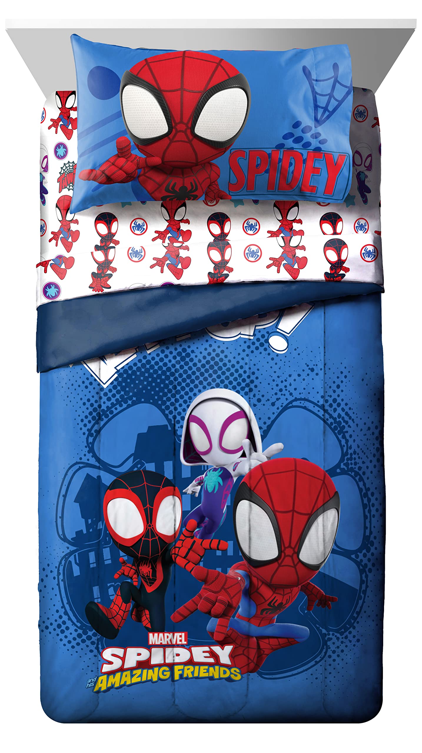 Jay Franco Marvel Spidey and His Amazing Friends Team Spidey 5 Piece Twin Size Bed Set - Includes Comforter & Sheet Set Bedding - Super Soft Fade Resistant Microfiber (Official Marvel Product)