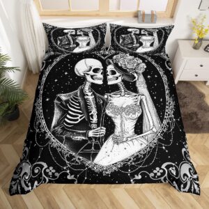 manfei floral skull duvet cover set human skeleton couple print bedding set 3pcs for lover and adults gothic comforter cover microfiber bedspread cover with 2 pillow cases(no comforter) king size