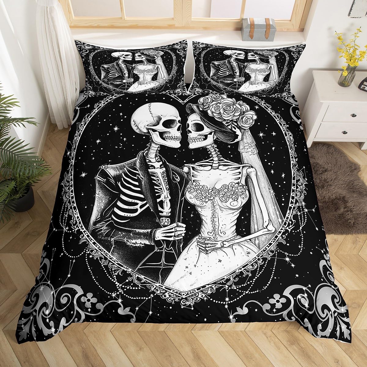 Manfei Floral Skull Duvet Cover Set Human Skeleton Couple Print Bedding Set 3pcs for Lover and Adults Gothic Comforter Cover Microfiber Bedspread Cover with 2 Pillow Cases(No Comforter) King Size