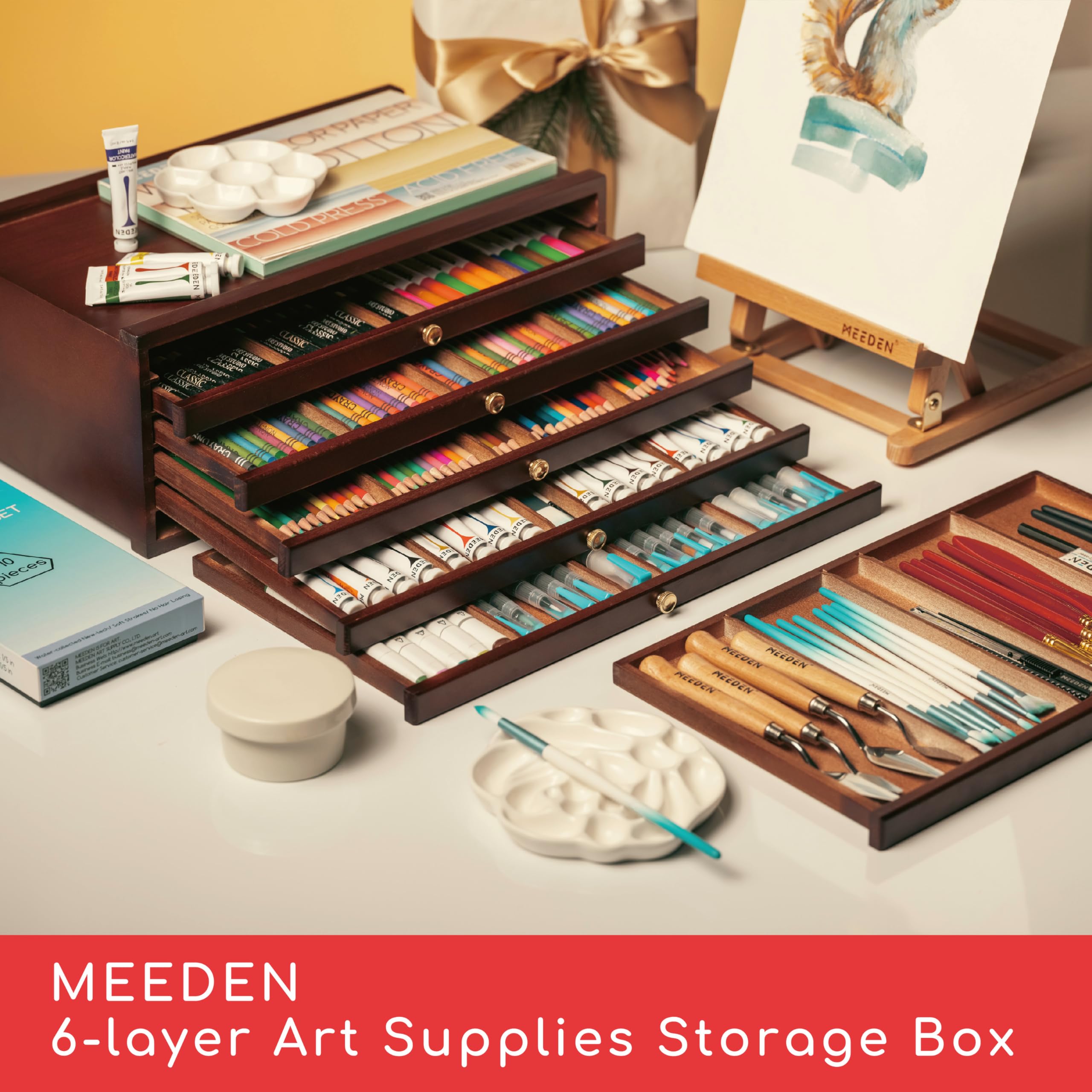 MEEDEN 6-Drawer Wood Artist Supply Storage Box, Portable Beechwood Multifunctional Pencil Brush Organizer Wood Box with Drawer&Compartments for Pastels, Pencils, Pens, Makeup Brushes(Mahogany Color)