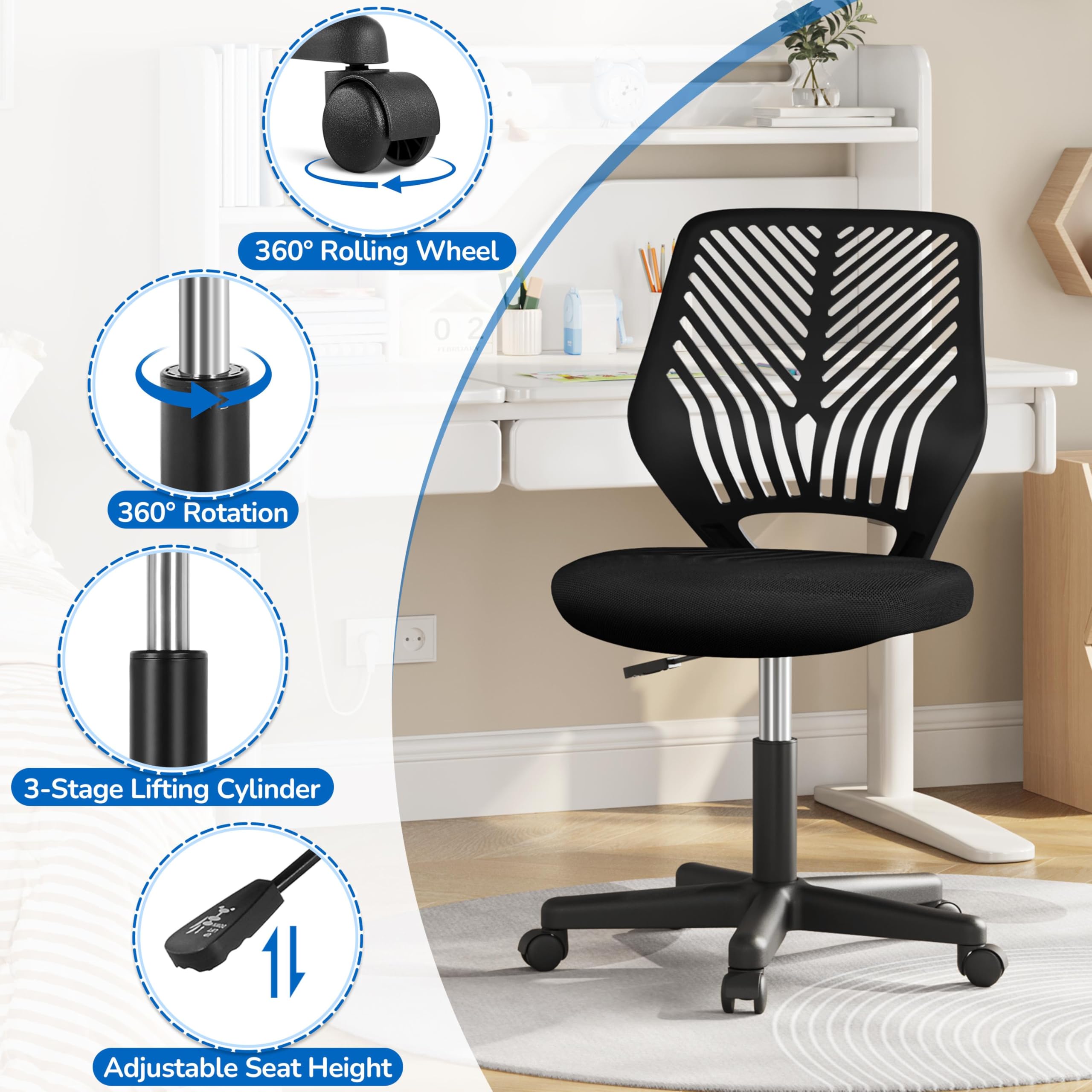 Topeakmart Armless Office Chair, Small Desk Chair Adjustable Swivel Mesh Computer Study Chair, Mid Back Home Office Chair for Small Spaces, Black