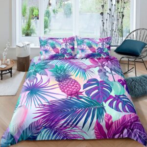 feelyou cartoon pineapple comforter cover palm leaves bedding set for kids boys girls tropical botanical duvet cover watercolor purple blue decor bedspread cover bedroom collection 3pcs queen size