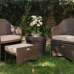 Barton 5 Piece Bistro Sofa Set w/Cushions 2 Chairs 2 Ottomans Multipurpose Outdoor Patio Wicker Rattan Furniture Space Saving