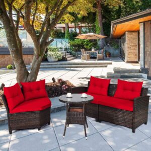 DORTALA 4-Piece Sectional Furniture Patio Set L-Shape Outdoor Wicker Sofa Set w/Cushions & Sophisticated Glass Coffee Table Couch Modern Deck Rattan Furniture for Garden Poolside Balcony, Red