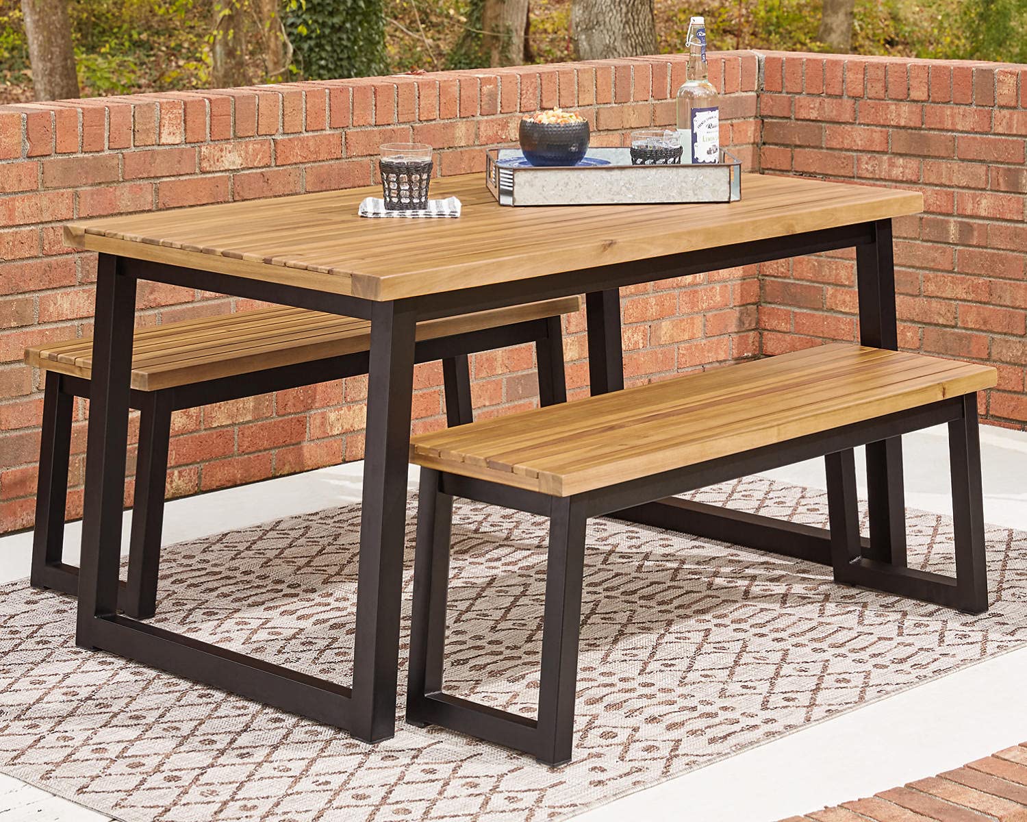 Signature Design by Ashley Town Wood Outdoor 3-Piece Patio Counter Table Set with 2 Benches, Brown & Black