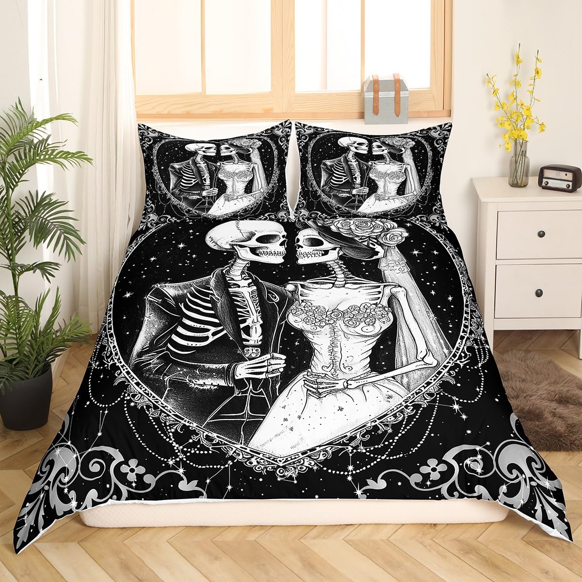 Manfei Floral Skull Duvet Cover Set Human Skeleton Couple Print Bedding Set 3pcs for Lover and Adults Gothic Comforter Cover Microfiber Bedspread Cover with 2 Pillow Cases(No Comforter) King Size