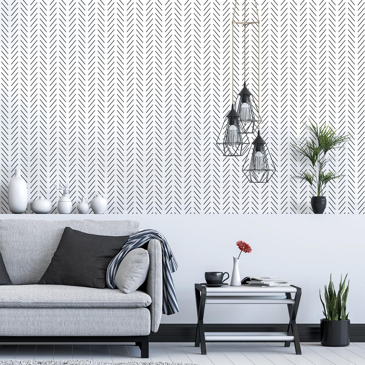 Erfoni Black and White Peel and Stick Wallpaper Modern Herringbone Contact Paper Bathroom 17.7inch x 118.1inch Geometric Removable Wall Paper Peel and Stick Self Adhesive Contact Paper