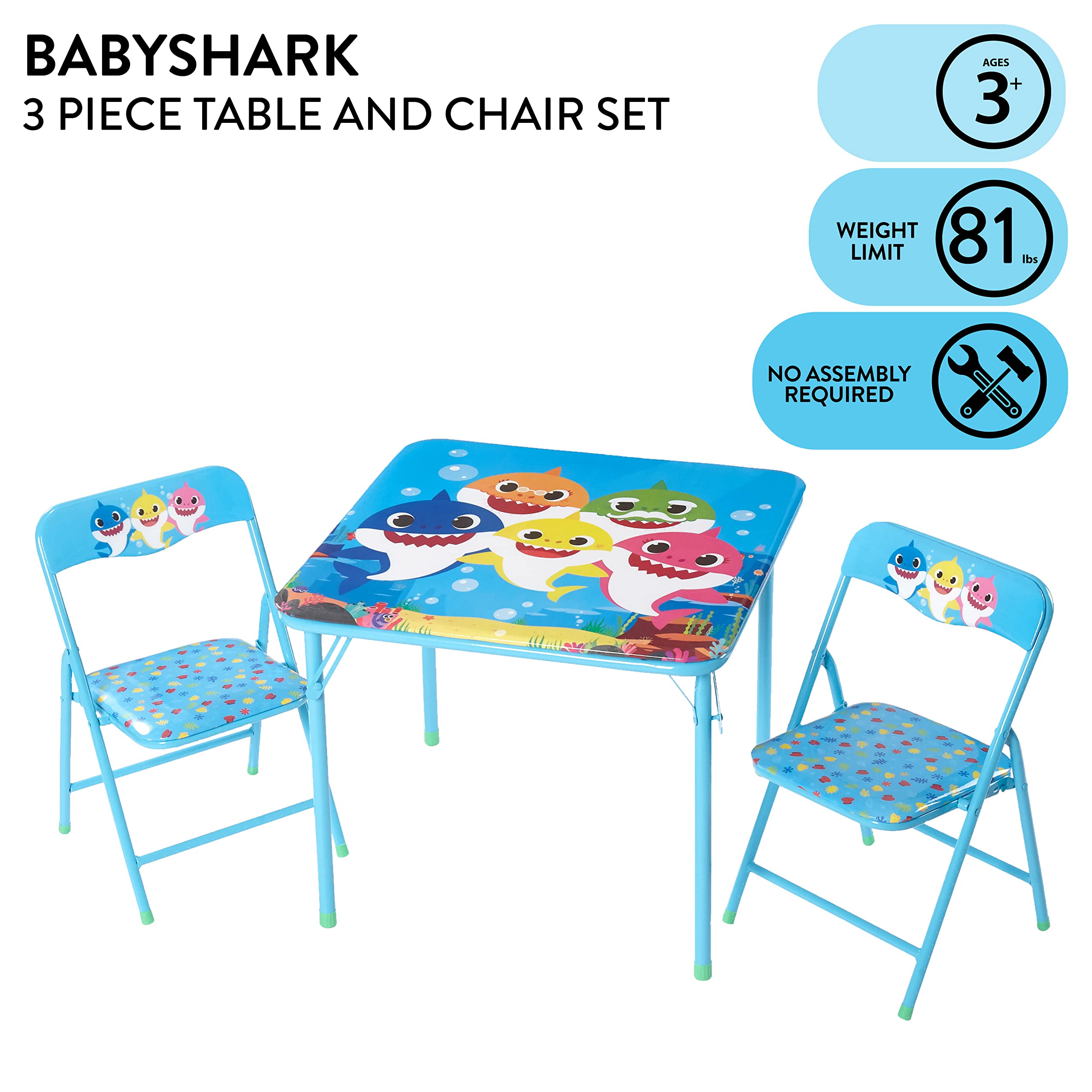 Baby Shark 3 Piece Children's Activity Square Table and Chair Set, Ages 3+