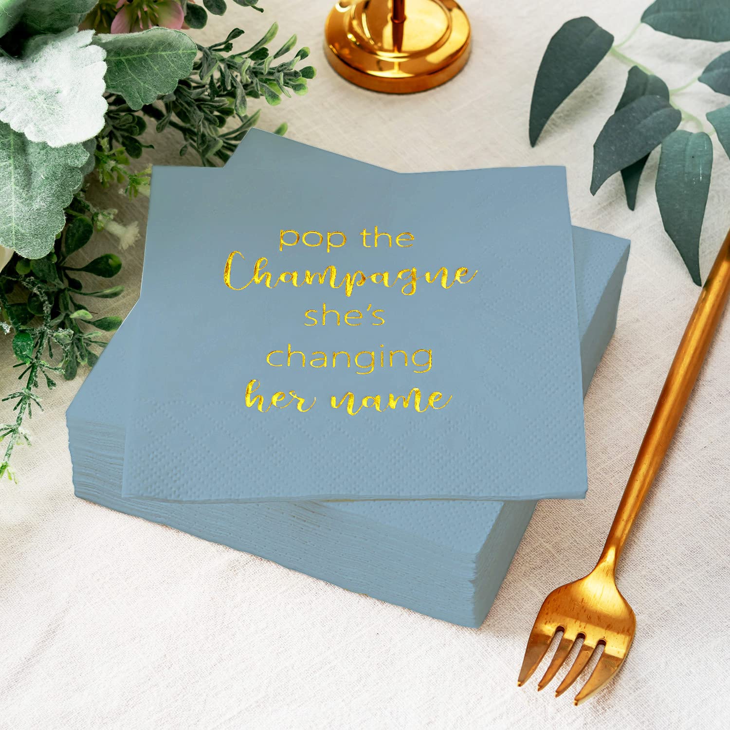 Crisky Dusty Blue Bridal Shower Cocktail Napkins Bachelorette Dessert Napkins Gold Foil Bachelorette Bridal Shower Engagement Party Decoration Party Supplies [ 50 Count 3-ply]