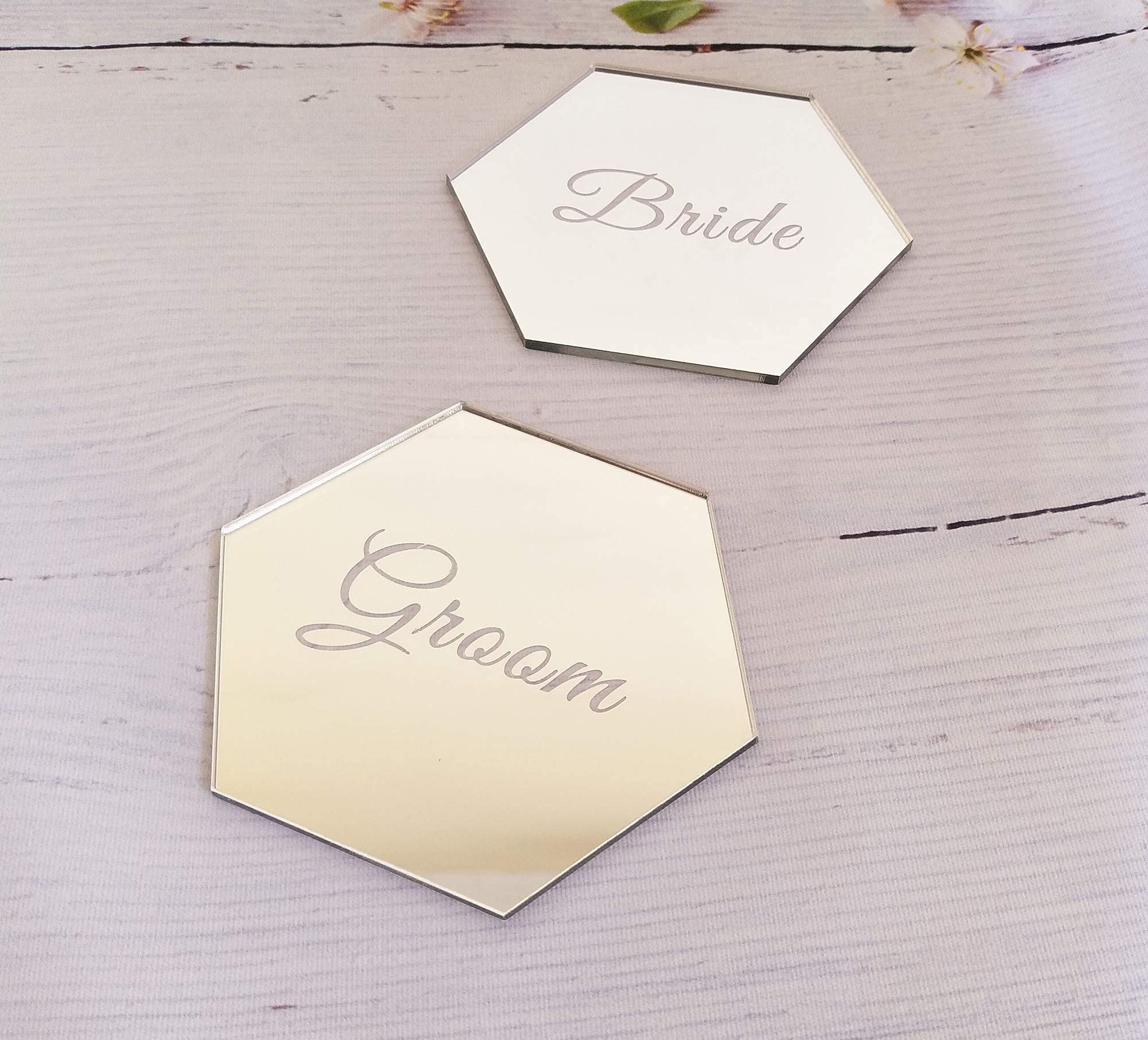 XIAOYUE Bride and Groom Acrylic Mirrored Hexagon Place Cards, Geometric Bride and Groom Table Setting,Wedding Place Cards, Bride and Groom Set (Silver Mirror)