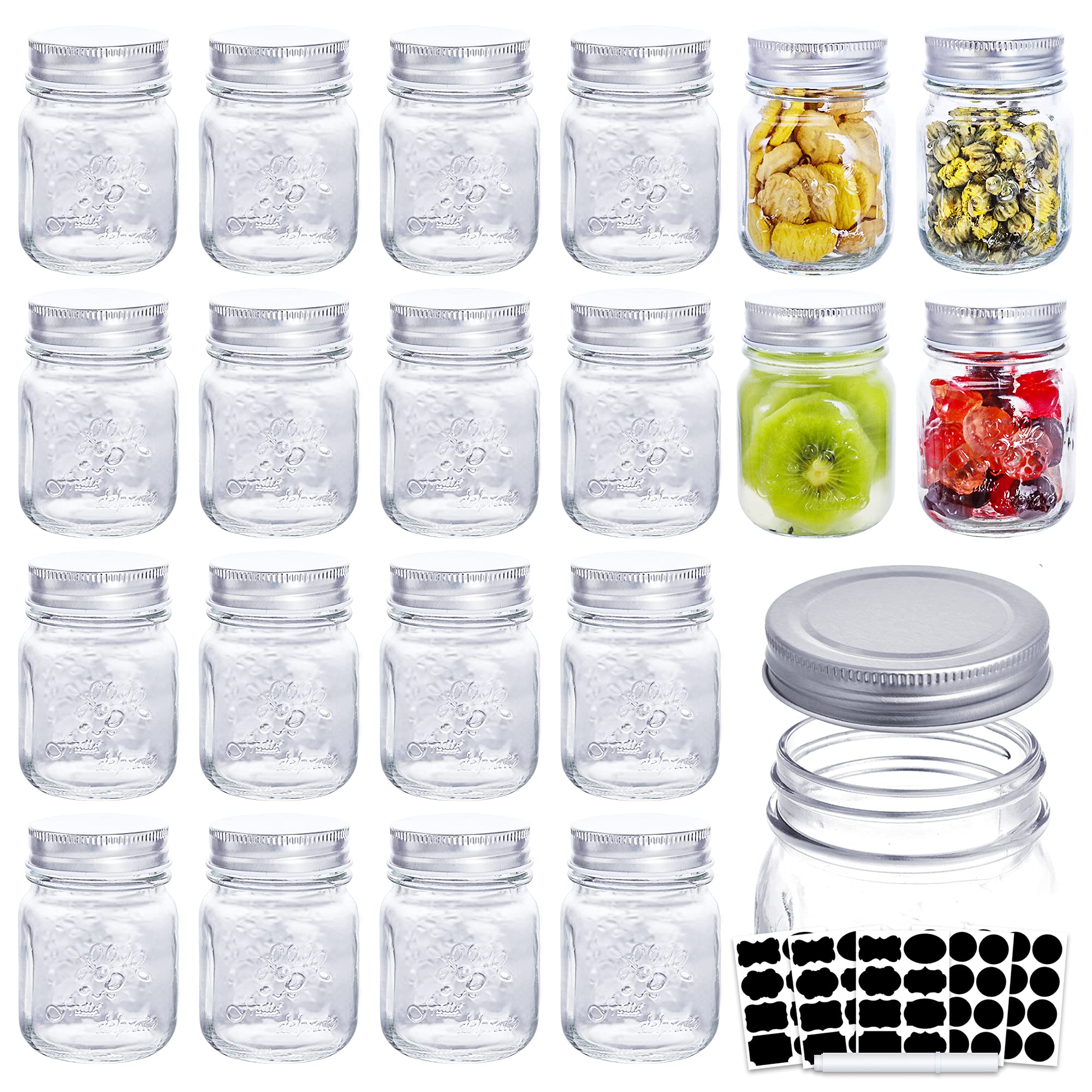 Small Mason Jars with Labels, 6 OZ Glass Jars with Metal Lids, Overnight Oats Jars , Regular Mouth Mason Bottle, Pint Canning Jars, Mini Glass Storage for Jelly, Candy, Jam, Honey, Pickle (20units)