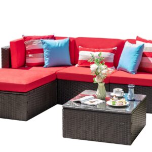 Vongrasig 5 Piece Furniture, Small All-Weather Brown PE Wicker Outdoor Couch Sectional Patio Conversation Set Garden Patio Sofa w/Ottoman, Glass Table, Red