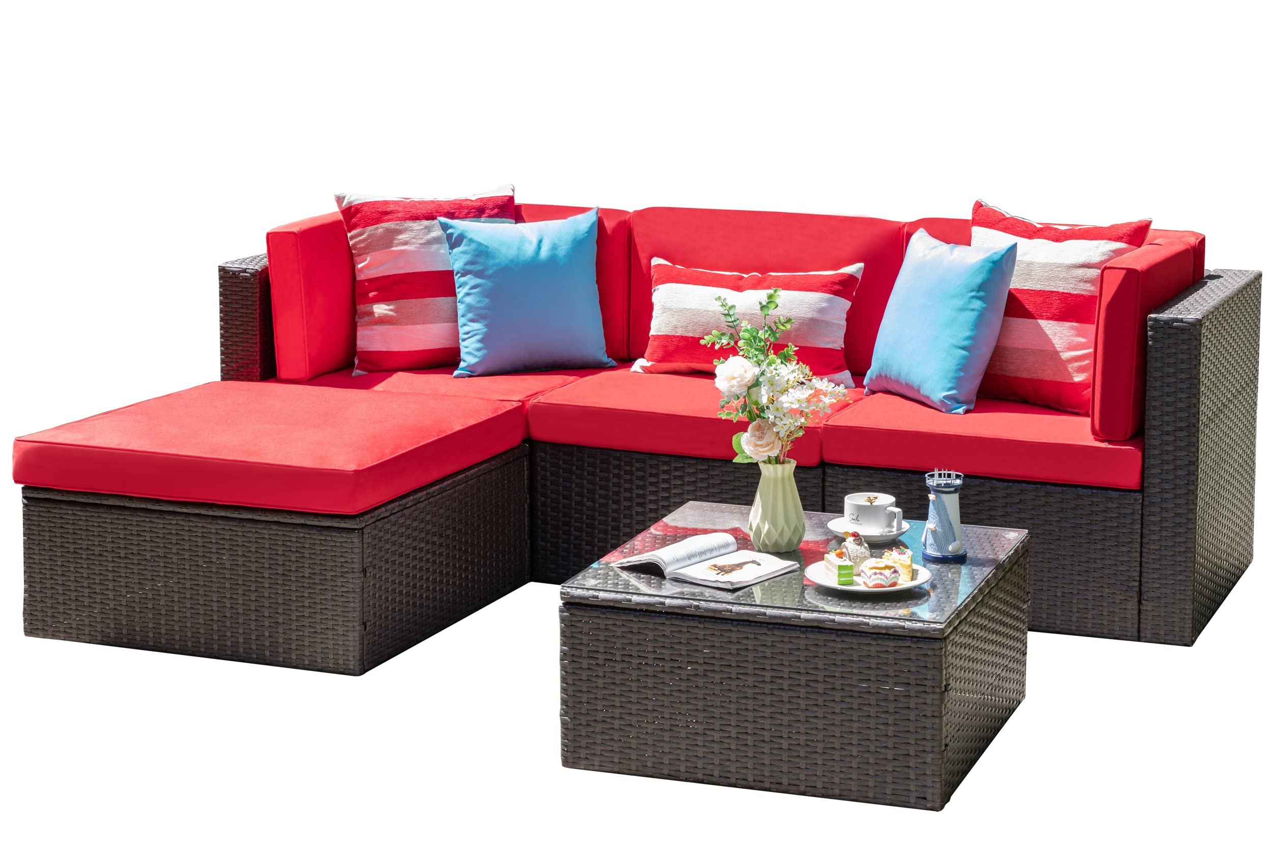 Vongrasig 5 Piece Furniture, Small All-Weather Brown PE Wicker Outdoor Couch Sectional Patio Conversation Set Garden Patio Sofa w/Ottoman, Glass Table, Red