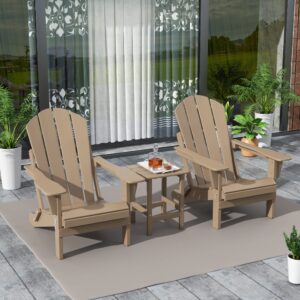 WestinTrends Malibu 3-Pieces Adirondack Chairs Set with Side Table, All Weather Outdoor Seating Plastic Patio Lawn Chair Folding for Outside Porch Deck Backyard, Weathered Wood