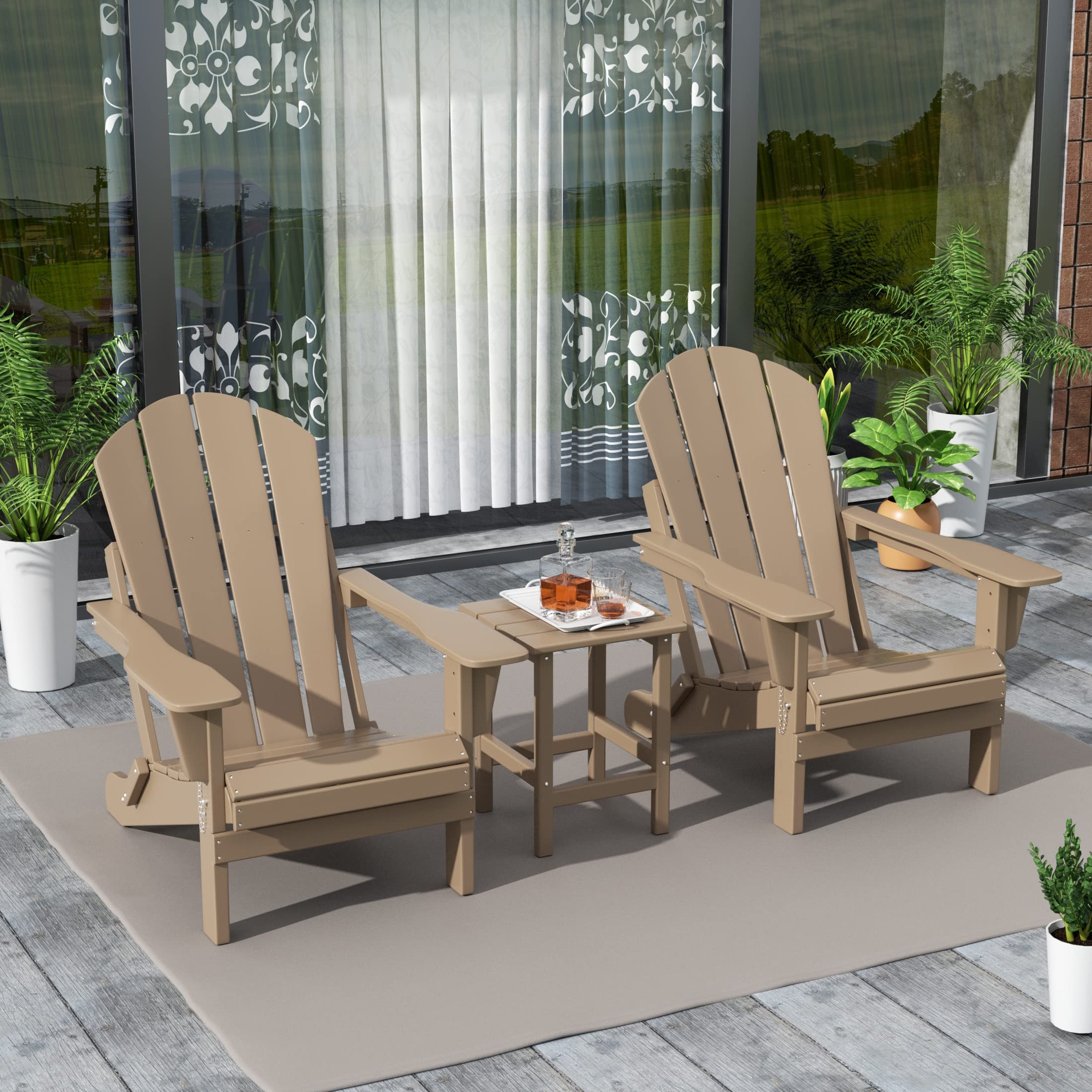 WestinTrends Malibu 3-Pieces Adirondack Chairs Set with Side Table, All Weather Outdoor Seating Plastic Patio Lawn Chair Folding for Outside Porch Deck Backyard, Weathered Wood