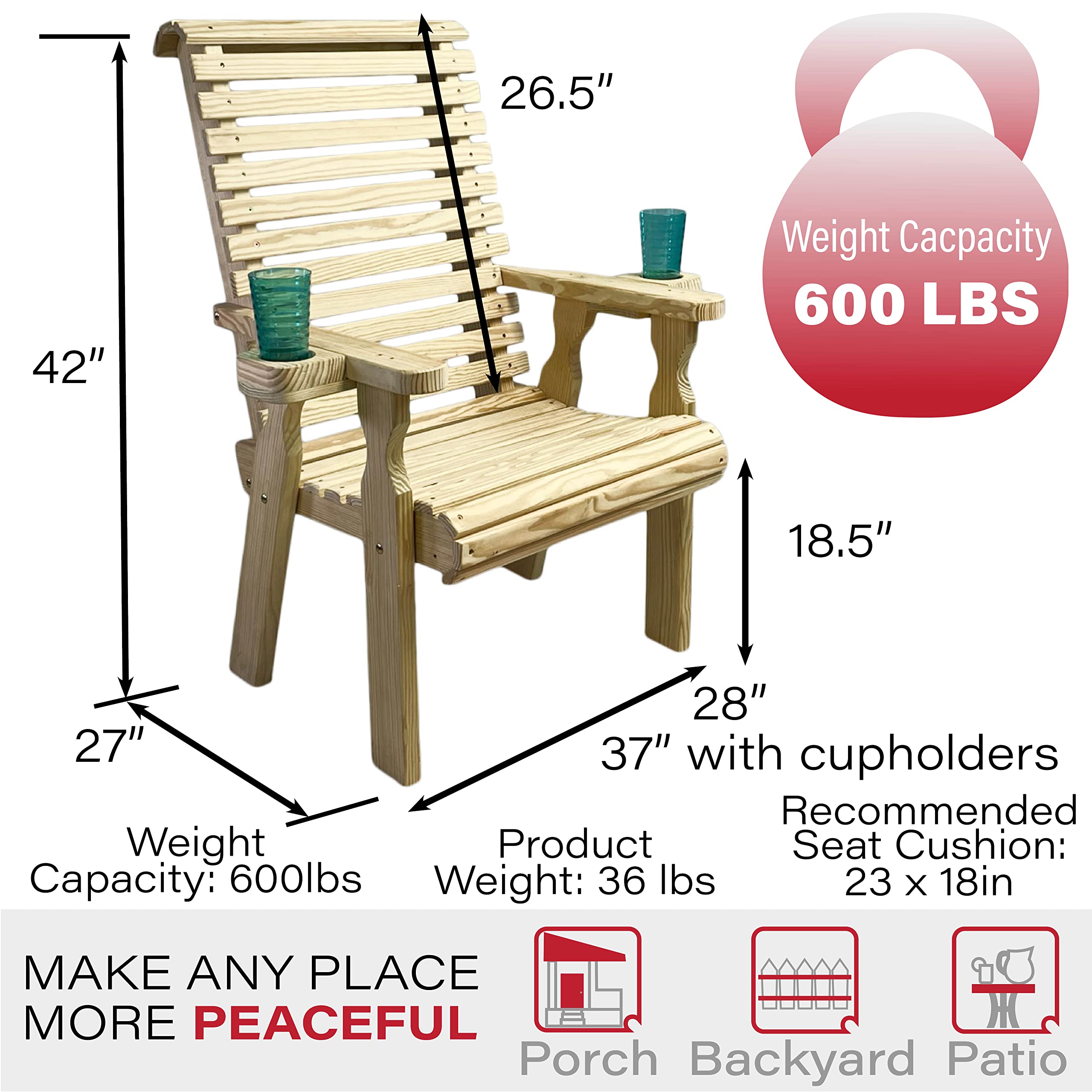 Amish Casual Heavy Duty 600 Lb Roll Back High Back Treated Patio Chair with Cupholders (Unfinished)