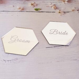 XIAOYUE Bride and Groom Acrylic Mirrored Hexagon Place Cards, Geometric Bride and Groom Table Setting,Wedding Place Cards, Bride and Groom Set (Silver Mirror)