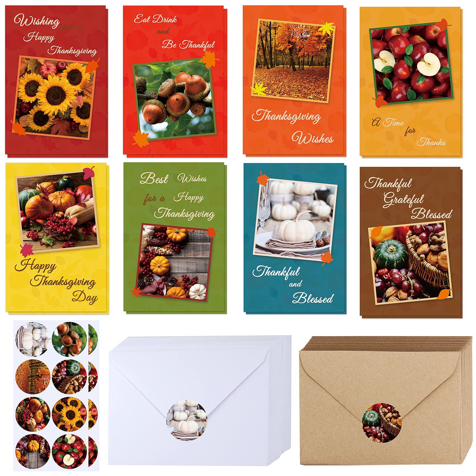 Winlyn 120 Sets Bulk Blank Thanksgiving Cards with Envelopes Stickers Assortment 8 Design of Fall Pumpkin Leaf Photos Thank You Greeting Cards Note Cards for Fall Wedding Shower Thanksgiving Harvest