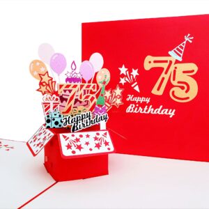 iGifts And Cards Happy 75th Red Birthday Party Box 3D Pop Up Greeting Card – Seventy-Five, Awesome, Balloons, Unique, Celebration, Feliz Cumpleaños, Fun, Mom, Dad