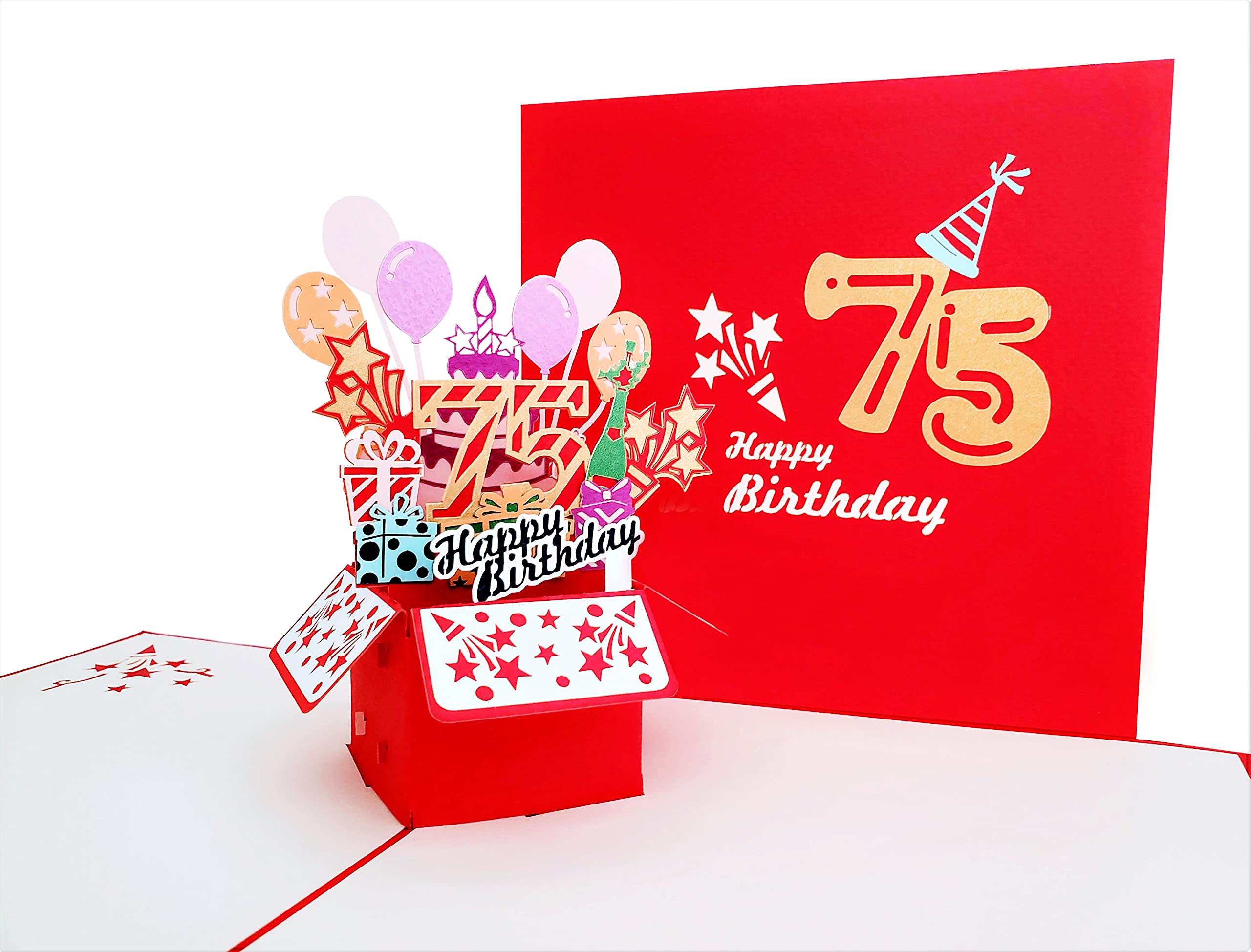 iGifts And Cards Happy 75th Red Birthday Party Box 3D Pop Up Greeting Card – Seventy-Five, Awesome, Balloons, Unique, Celebration, Feliz Cumpleaños, Fun, Mom, Dad