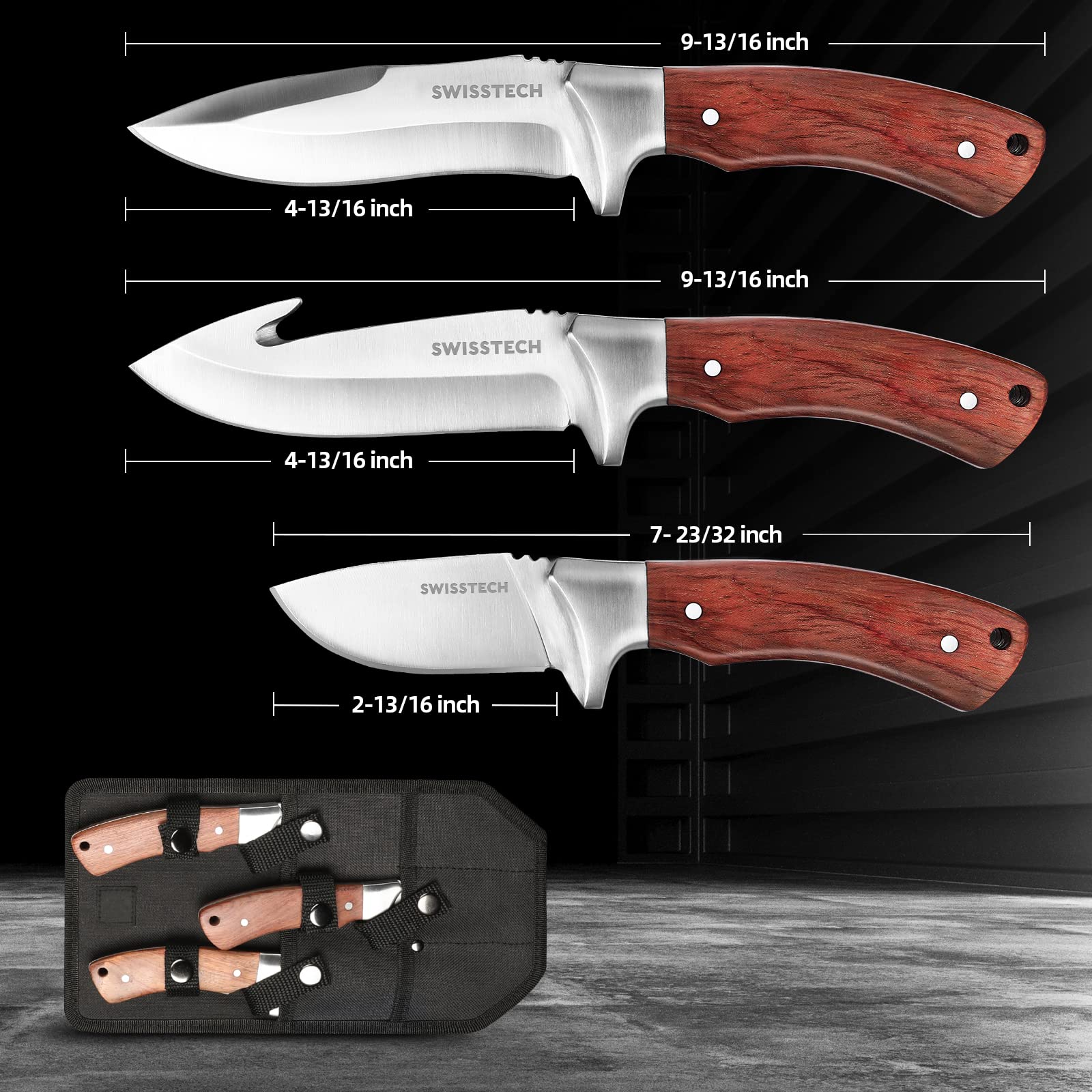 Swiss+Tech 3 Piece Hunting Knife Set, Full Tang Survival Knife with Sheath, Bowie Knife, Camping Knife, Gut Hook Knife, for Outdoors Hunting, Camping, Hiking, Good Gift for Dad Husband Men