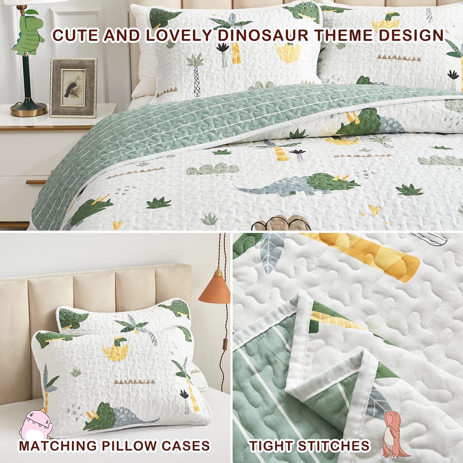 Joyreap 2-Piece Cotton Quilt Set Twin, Dinosaur Theme Green Color Design for Kids Boys n Girls, Smooth Soft Quilt Bedspread Bed Cover for All Season, 1 Quilt and 1 Pillow Sham- 68x86 inches