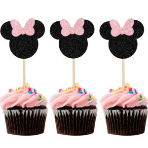 24 pcs black and pink mouse inspired cupcake toppers with bow glitter mini cupcake picks baby shower wedding kids birthday party cake decorations supplies