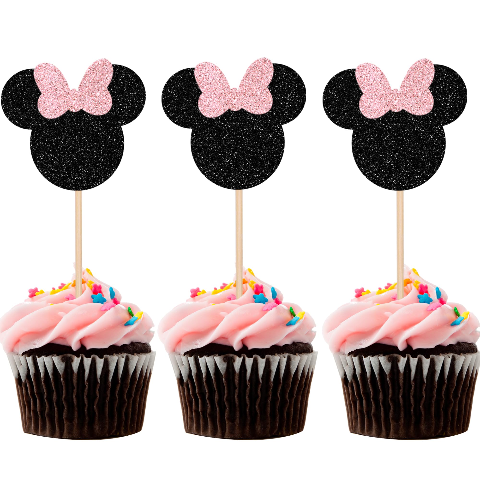 24 PCS Black and Pink Mouse Inspired Cupcake Toppers with Bow Glitter Mini Cupcake Picks Baby Shower Wedding Kids Birthday Party Cake Decorations Supplies