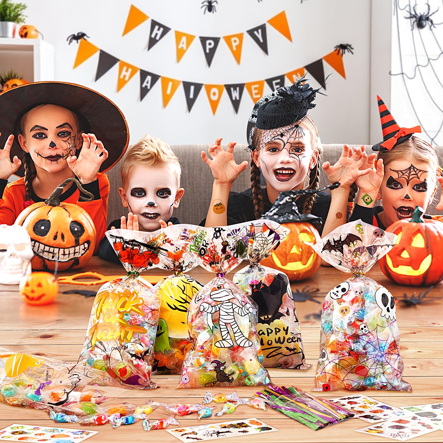 Halloween Candy Bags Treats Bags, 200 PCS Halloween Cellophane Bags for Kids Treat or Trick Party Supplies, 8 Styles Halloween Goodies Bags Gift Bags with Tattoo Stickers for Halloween Party Favors