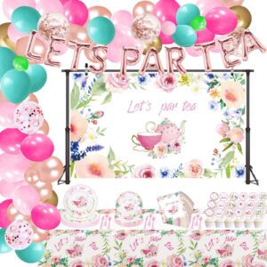 228 pcs tea party decorations, let's partea balloons arch garland kit, floral tea backdrop, talking party tablecloth, teapot teacups tableware for bridal shower engagement bachelorette party supplies