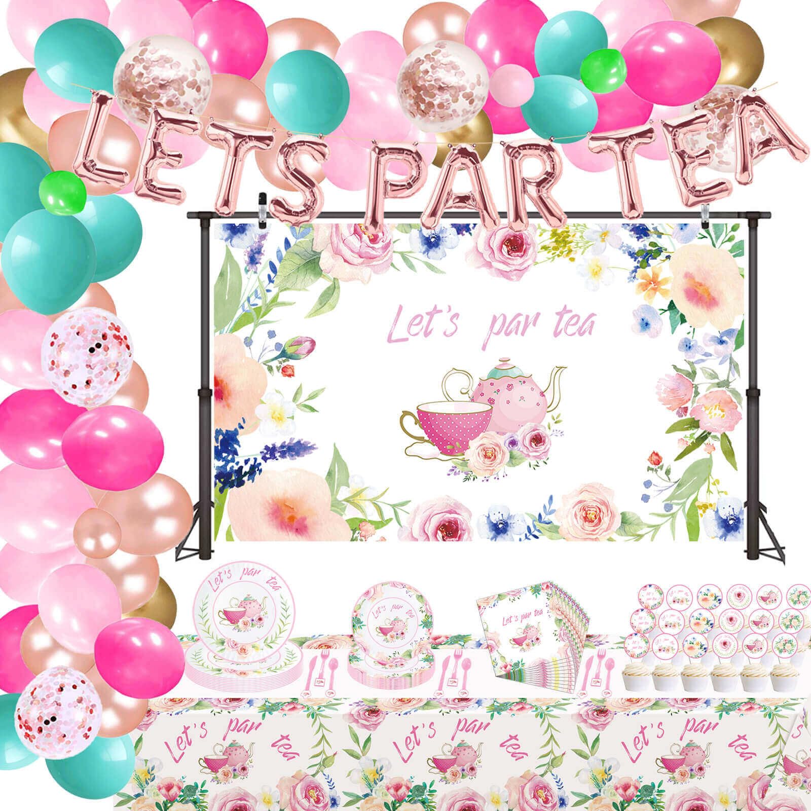 228 Pcs Tea Party Decorations, LET'S PARTEA Balloons Arch Garland Kit, Floral Tea Backdrop, Talking Party TableCloth, Teapot Teacups Tableware for Bridal Shower Engagement Bachelorette Party Supplies