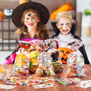 Halloween Candy Bags Treats Bags, 200 PCS Halloween Cellophane Bags for Kids Treat or Trick Party Supplies, 8 Styles Halloween Goodies Bags Gift Bags with Tattoo Stickers for Halloween Party Favors