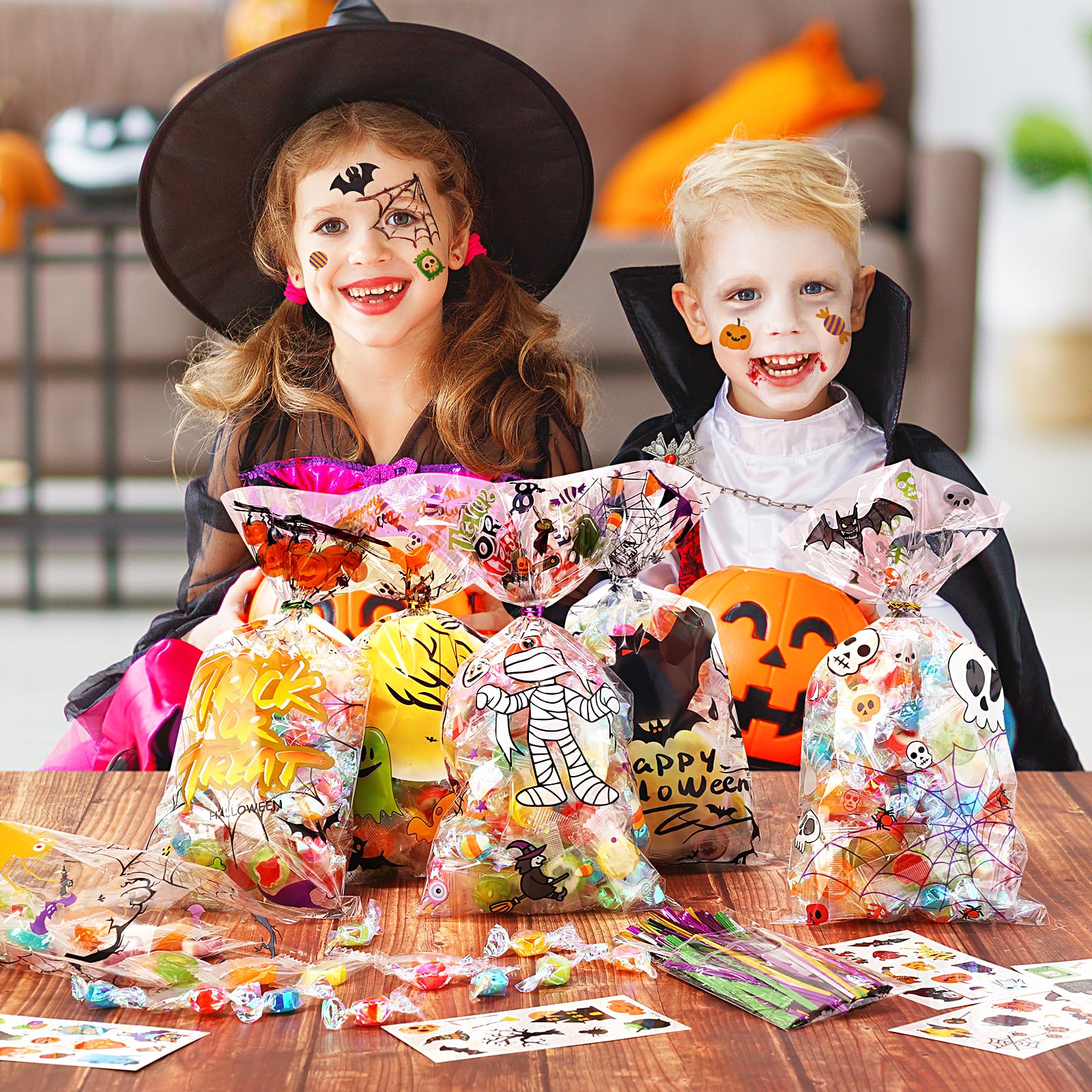 Halloween Candy Bags Treats Bags, 200 PCS Halloween Cellophane Bags for Kids Treat or Trick Party Supplies, 8 Styles Halloween Goodies Bags Gift Bags with Tattoo Stickers for Halloween Party Favors