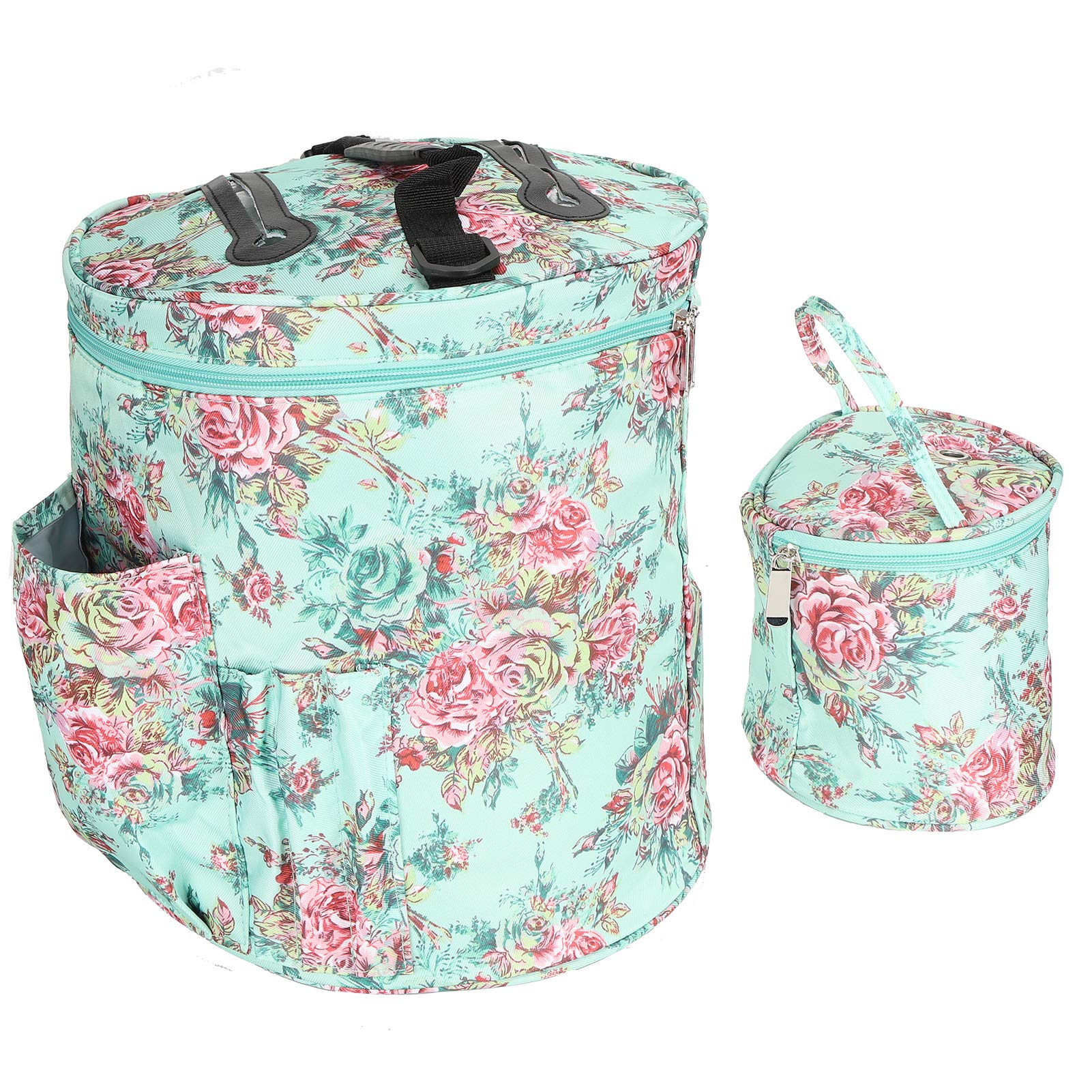 2Pcs Portable Woolen Yarn Storage Bag Knitting Bag, Yarn Storage Round Tote Bag, 600D Oxford Cloth Printing Multi-Pocket Hand Strap(Green Peony)