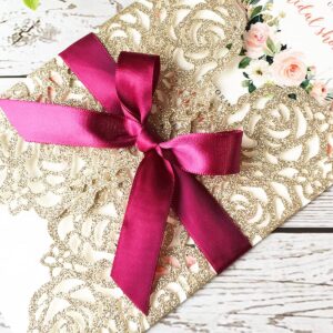 KUCHYNEE 50PCS 5.12 x 7.28'' Gold Wedding Invitations Cards with Burgundy Bowknot Laser Cut Hollow Rose Flowers Wedding Invitation for Bridal Shower Engagement Wedding Invite (Gold Glitter)