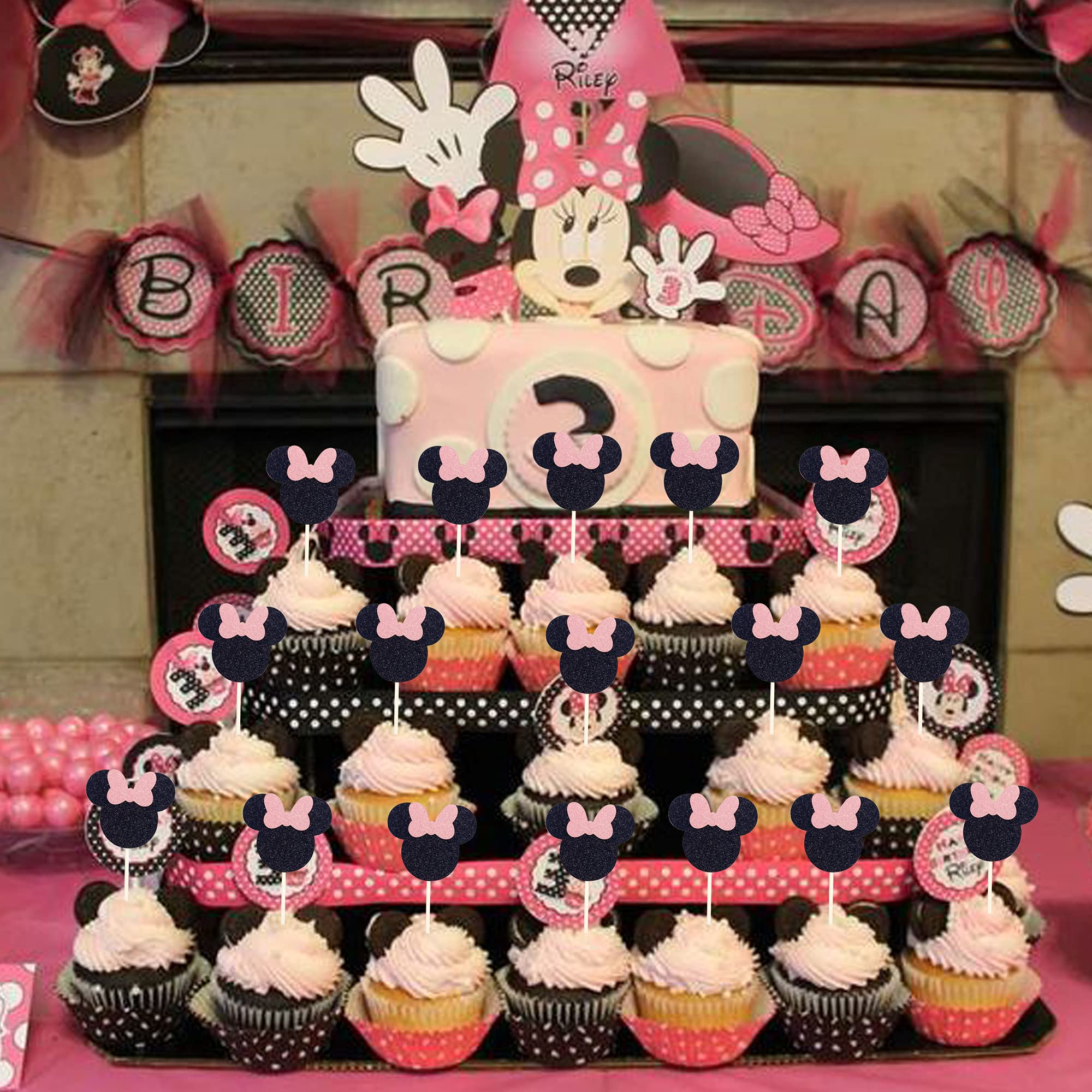 24 PCS Black and Pink Mouse Inspired Cupcake Toppers with Bow Glitter Mini Cupcake Picks Baby Shower Wedding Kids Birthday Party Cake Decorations Supplies