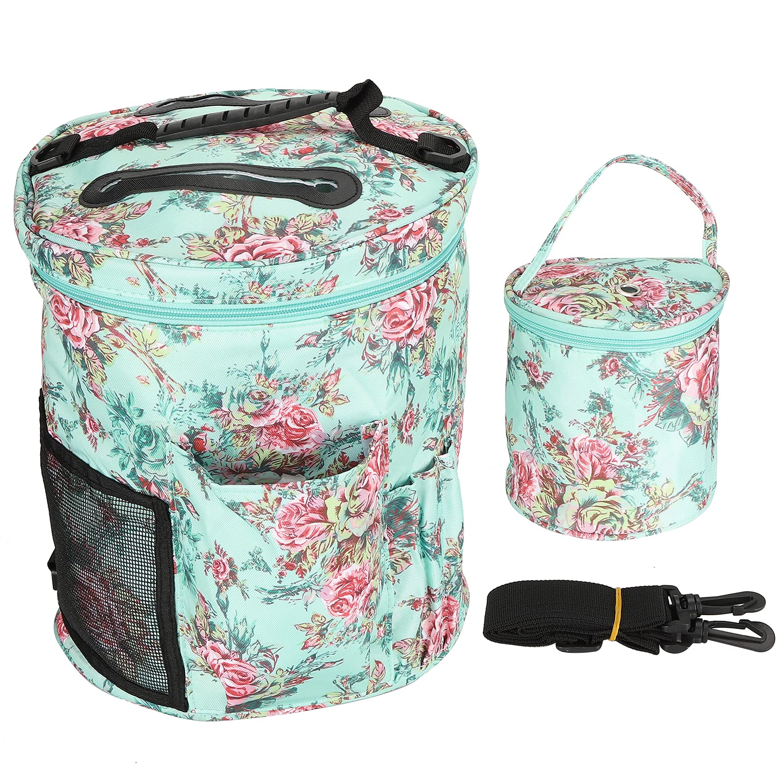 2Pcs Portable Woolen Yarn Storage Bag Knitting Bag, Yarn Storage Round Tote Bag, 600D Oxford Cloth Printing Multi-Pocket Hand Strap(Green Peony)