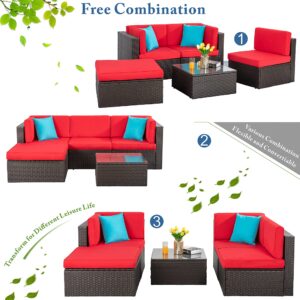 Vongrasig 5 Piece Furniture, Small All-Weather Brown PE Wicker Outdoor Couch Sectional Patio Conversation Set Garden Patio Sofa w/Ottoman, Glass Table, Red