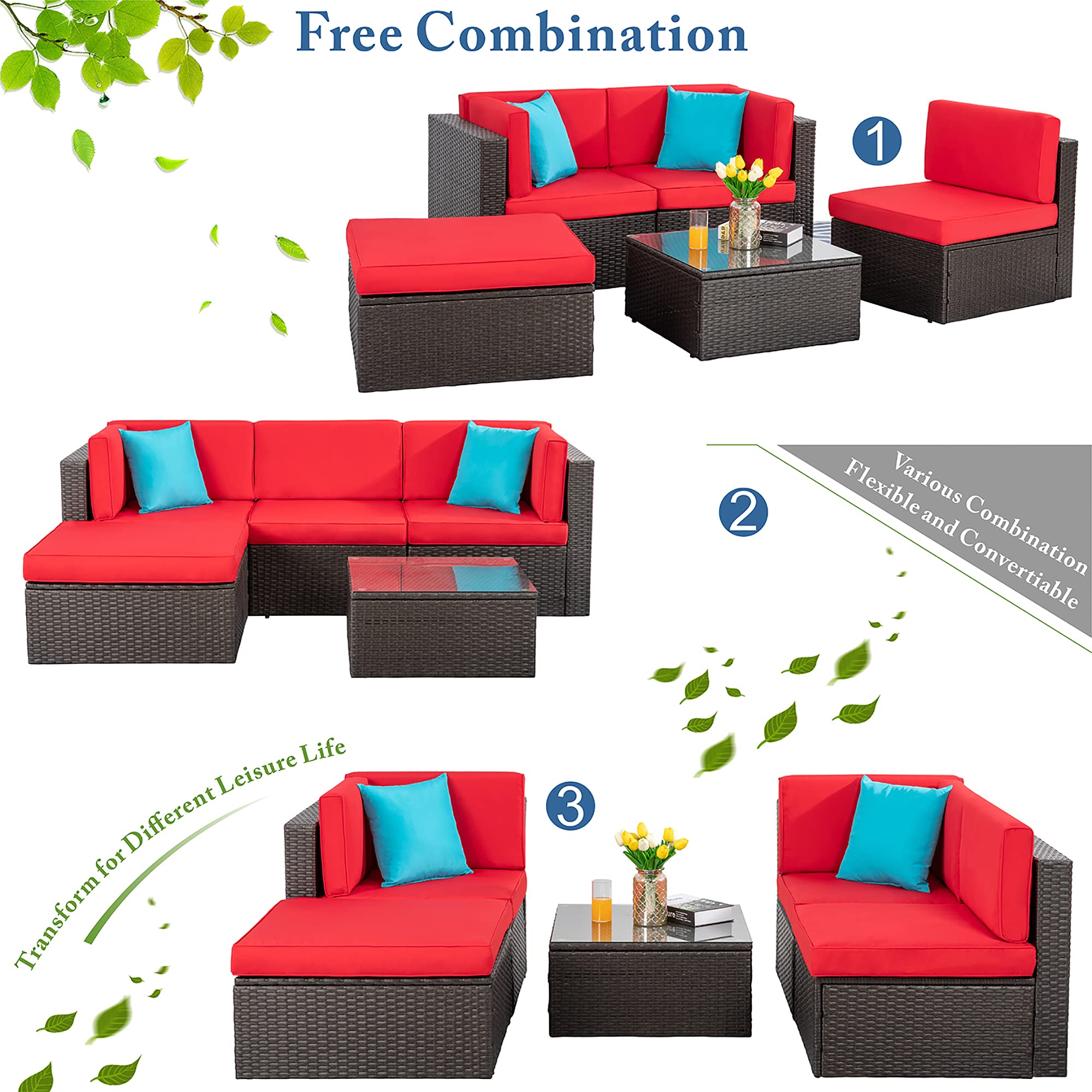 Vongrasig 5 Piece Furniture, Small All-Weather Brown PE Wicker Outdoor Couch Sectional Patio Conversation Set Garden Patio Sofa w/Ottoman, Glass Table, Red