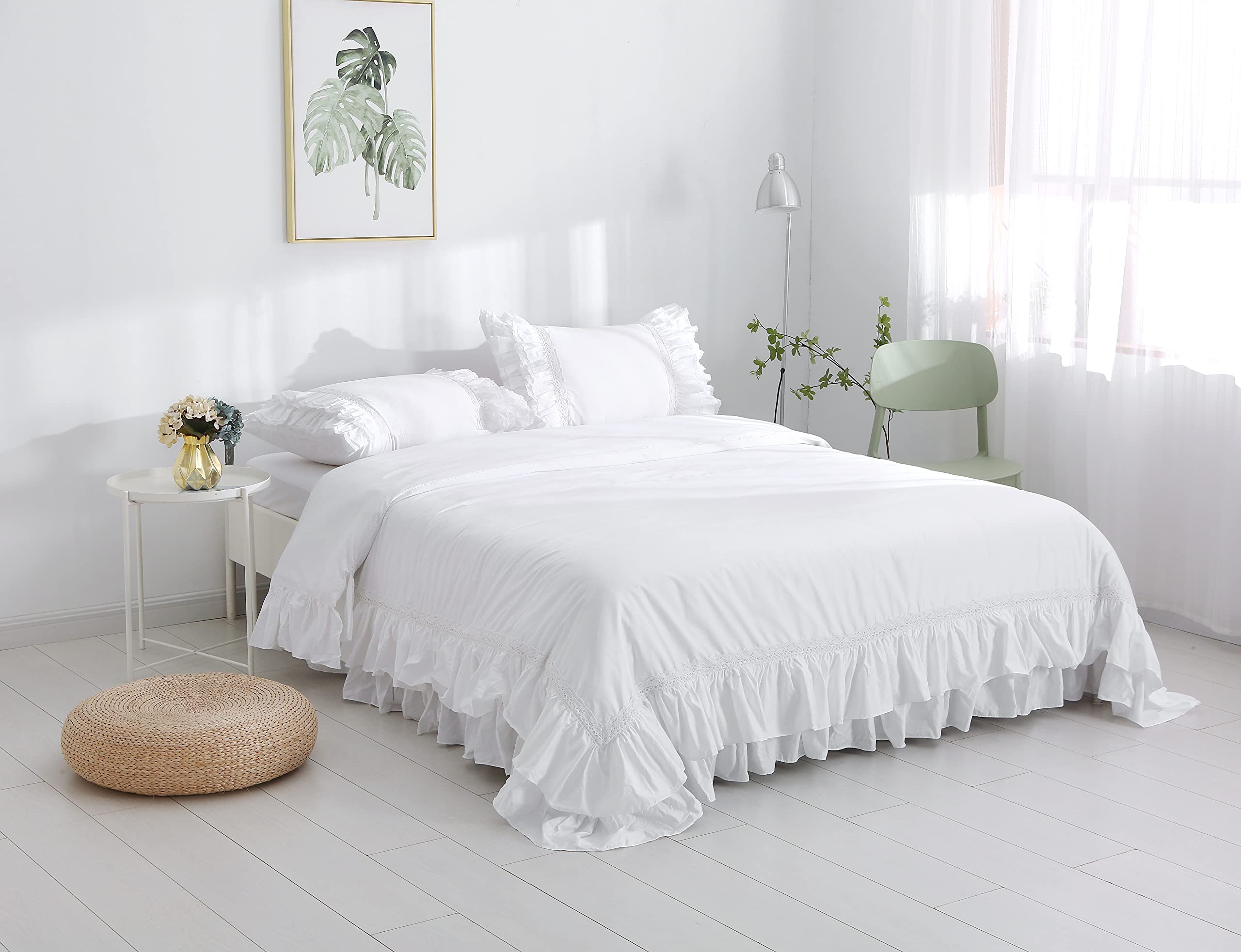 Meaning4 White Twin Duvet Cover with Ruffles and Lace Quilt Cover Egypt Cotton 68x90 Inch 1 Pieces Solid (Not Include Pillowcases and Insert)