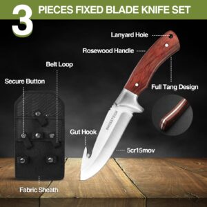 Swiss+Tech 3 Piece Hunting Knife Set, Full Tang Survival Knife with Sheath, Bowie Knife, Camping Knife, Gut Hook Knife, for Outdoors Hunting, Camping, Hiking, Good Gift for Dad Husband Men