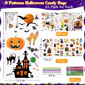 Halloween Candy Bags Treats Bags, 200 PCS Halloween Cellophane Bags for Kids Treat or Trick Party Supplies, 8 Styles Halloween Goodies Bags Gift Bags with Tattoo Stickers for Halloween Party Favors